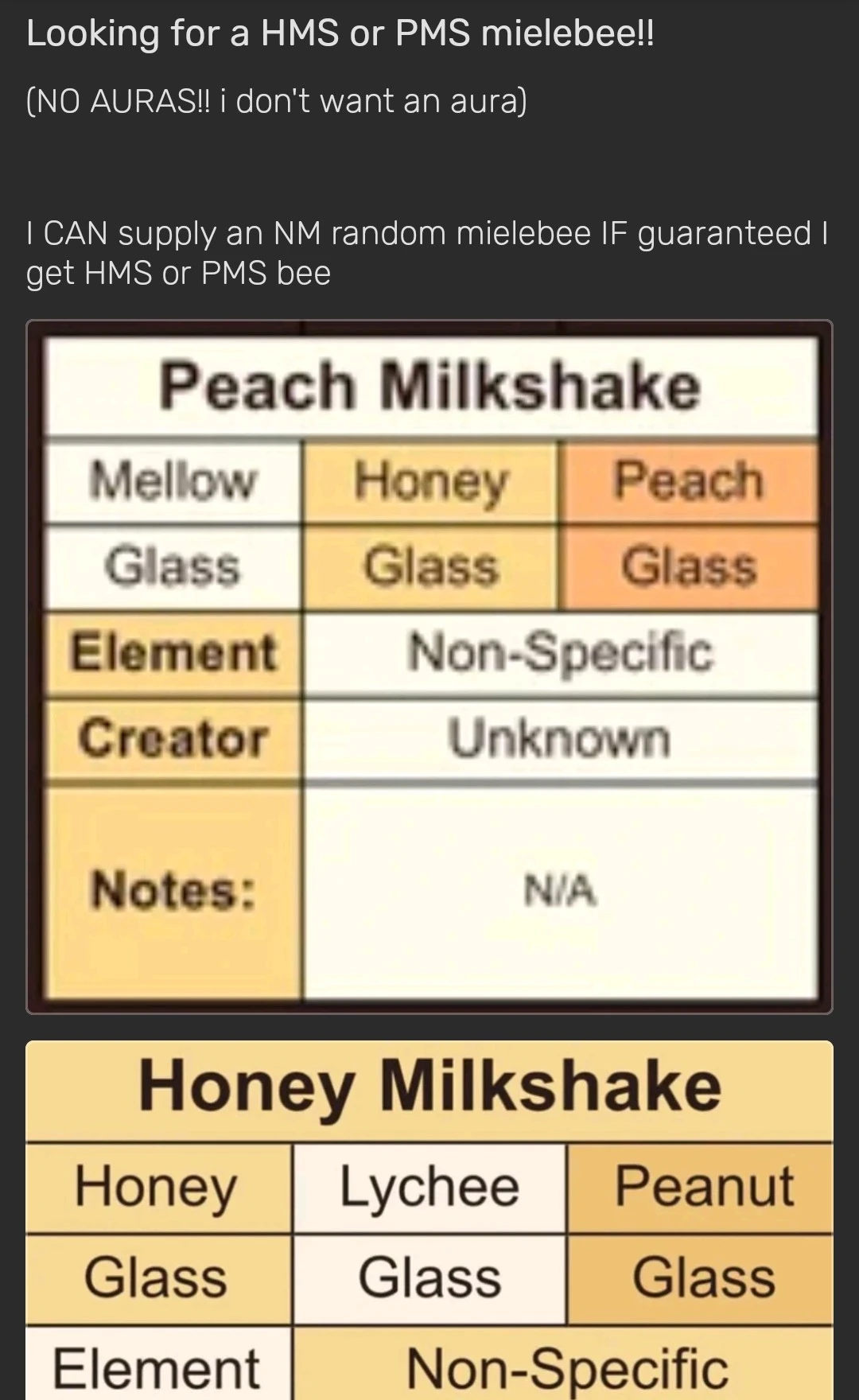 Looking for HMS/PMS bee with no auras....(This is gonna be harder than ...