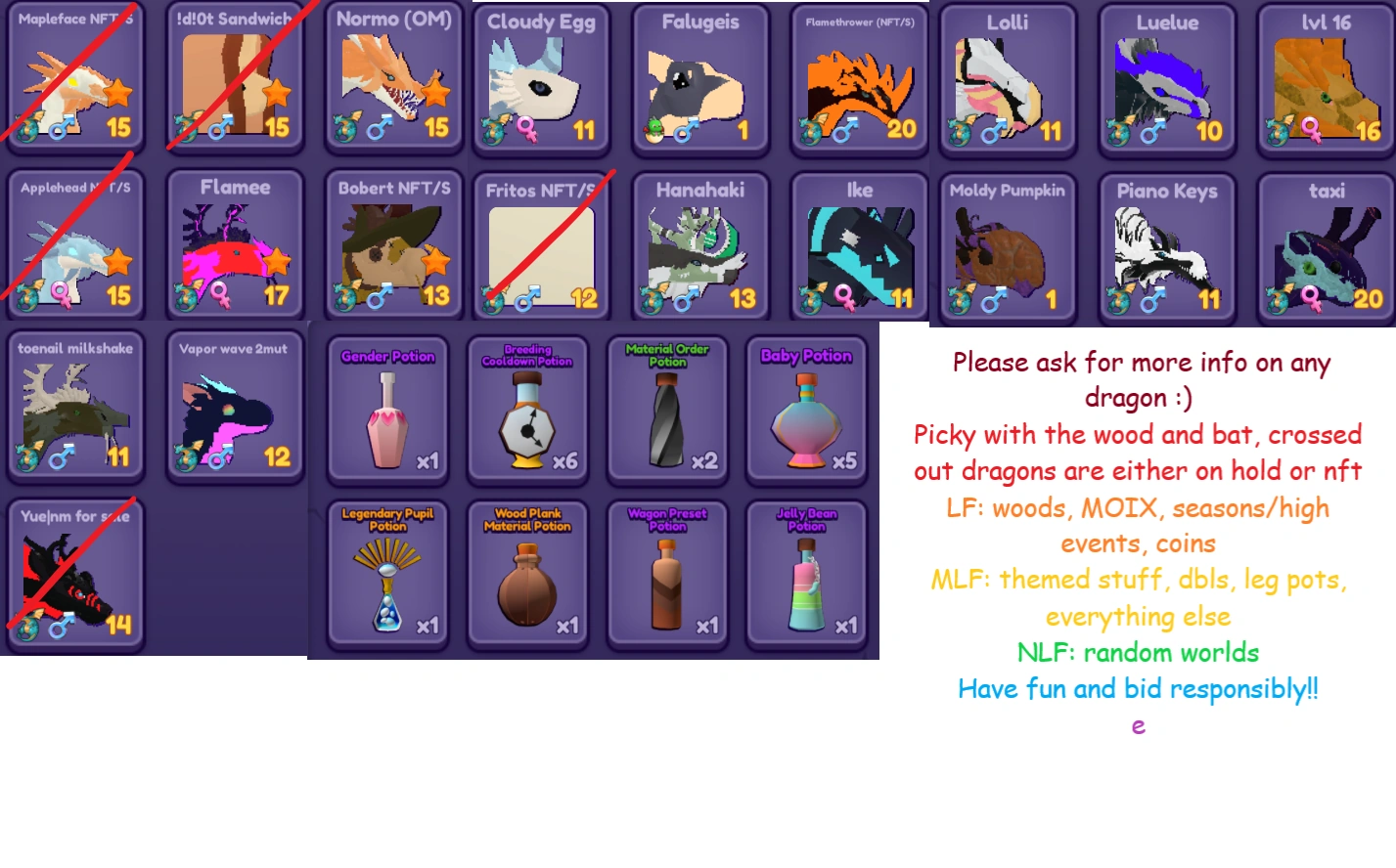 INV AUCTION! assorted items and dragons to see! | Fandom