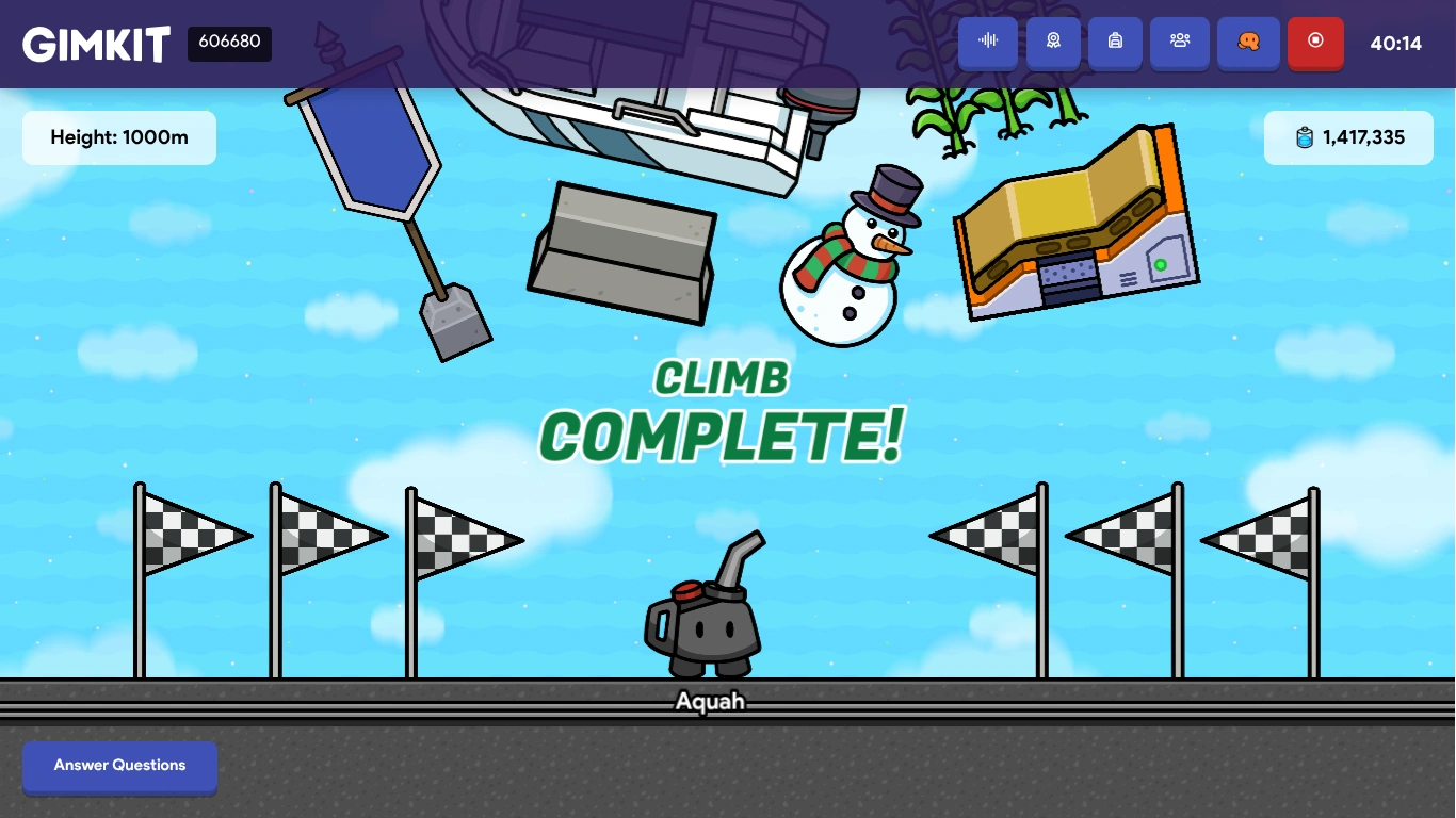 Apparently this is what happens when you beat Gimkit's Don't Look Down ...