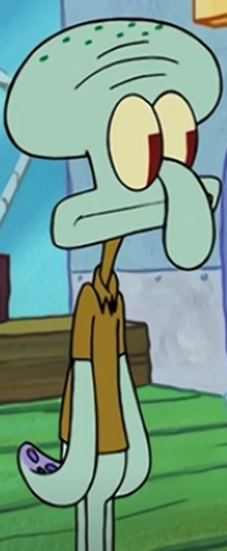 Squidward's neck is brown in this scene in Squid's Day Off | Fandom