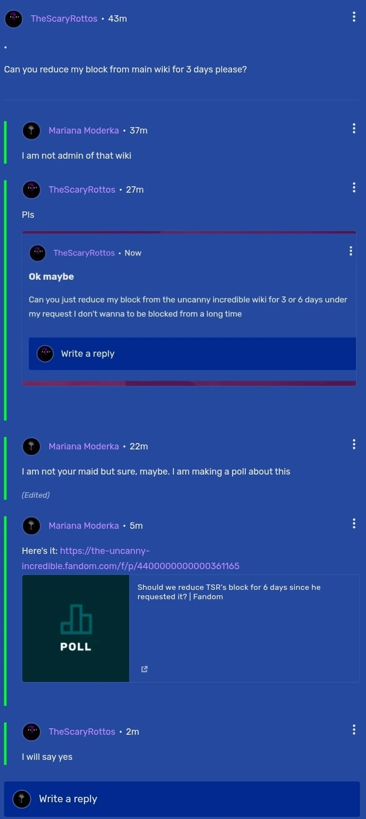 Should we reduce TSR's block for 6 days since he requested it? | Fandom