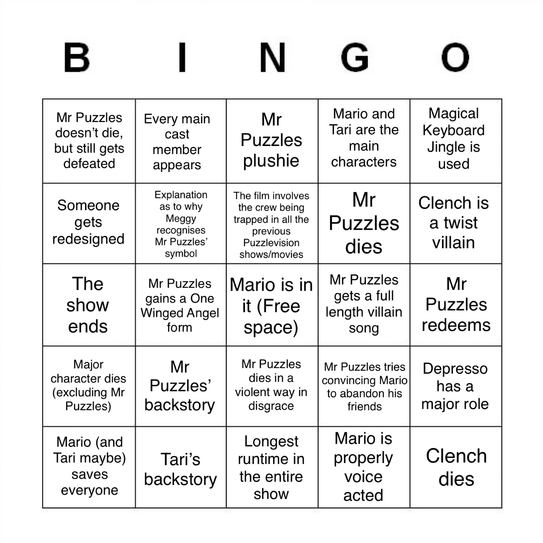 Puzzlevision Movie Bingo Card | Fandom
