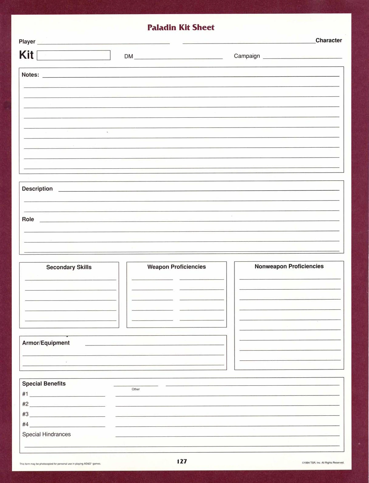 Paladin Kit Sheet (CPaH) | Advanced Dungeons & Dragons 2nd Edition Wiki ...