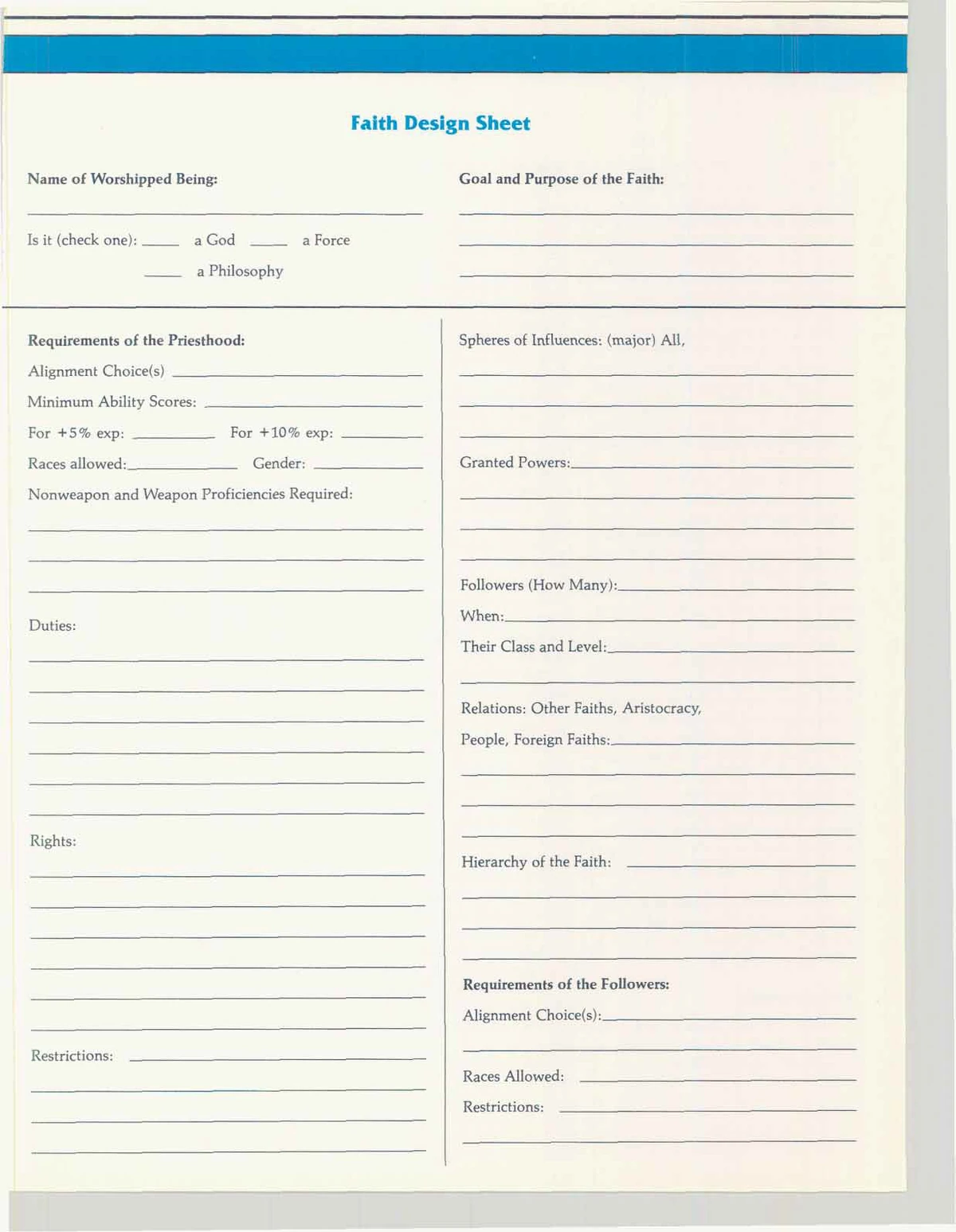 Faith Design Sheet (CPrH) | Advanced Dungeons & Dragons 2nd Edition ...