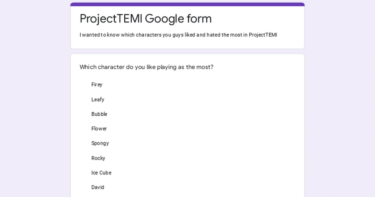 You can vote for your favorite and least tavorite character in ProjectTEMI using this link | Fandom