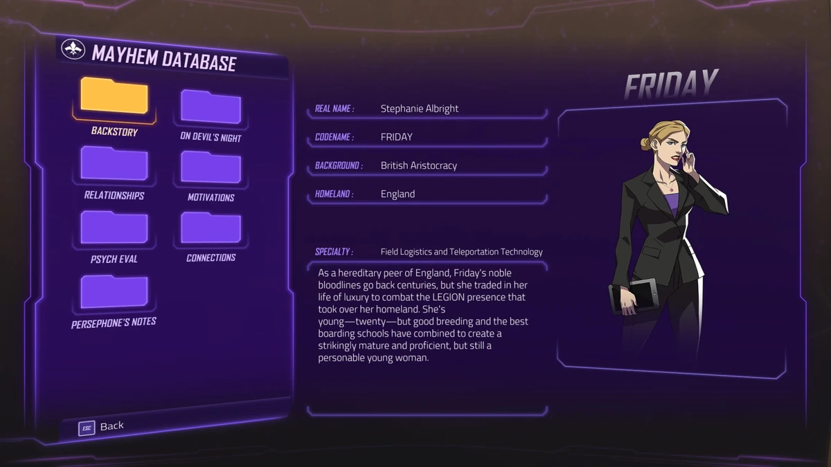 Friday:Mayhem Database | Agents of Mayhem Wiki | Fandom