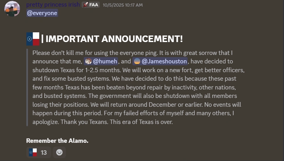October Shutdown | Army of the Texan Republic Wiki | Fandom