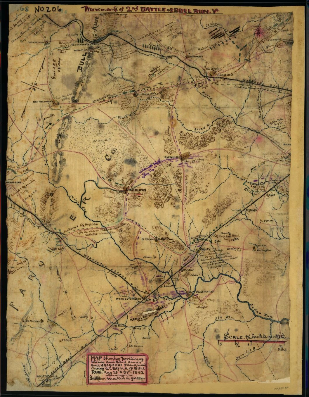 1862 Map showing position of Union and Rebel armies and Jackson's flank march during 2nd Battle ...