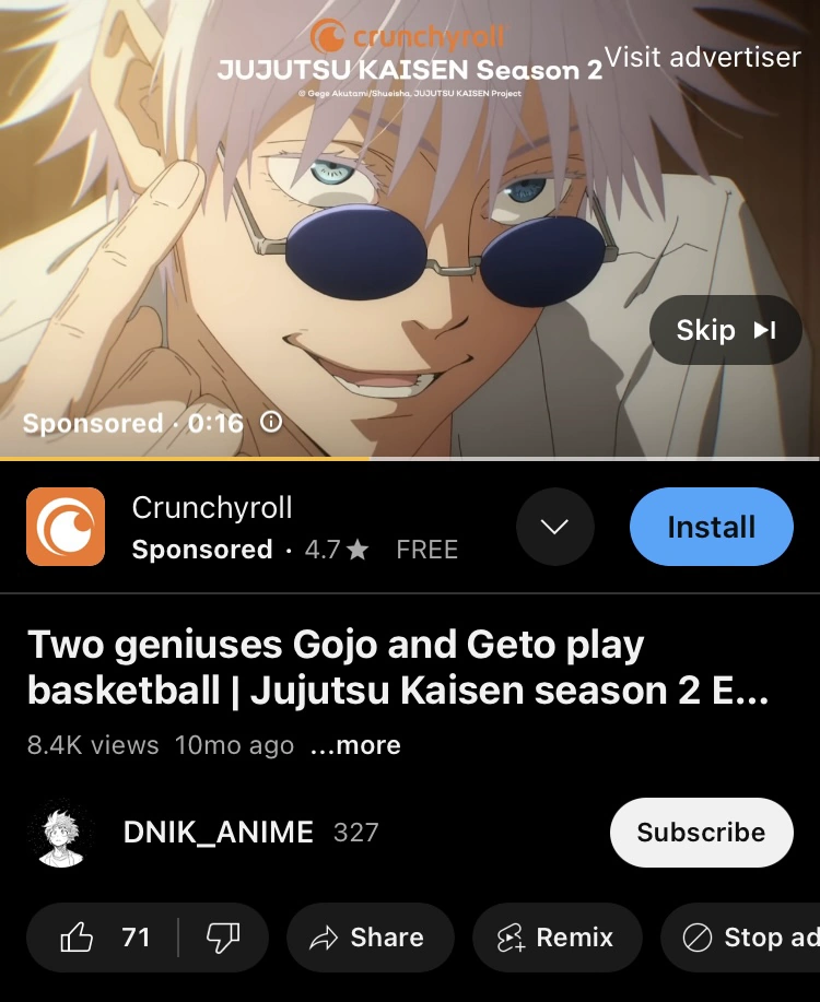 I got an ad about Gojo and Geto playing basketball on a video about ...