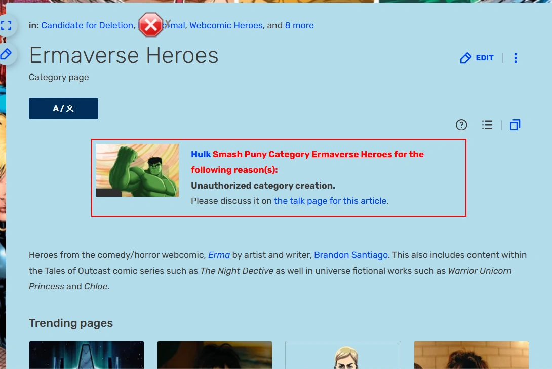 Question may I create a category page for heroes from the Erma webcomic? | Fandom