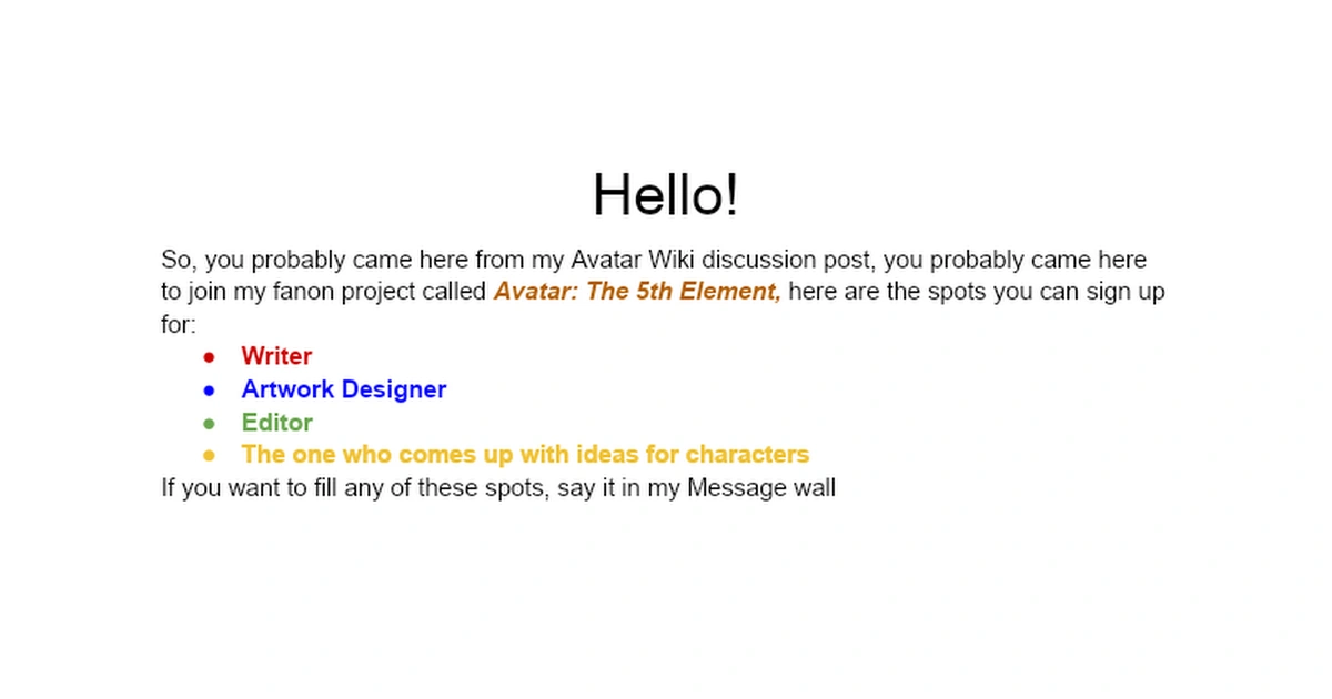 Sign ups for Avatar the 5th element (my fanon) | Fandom