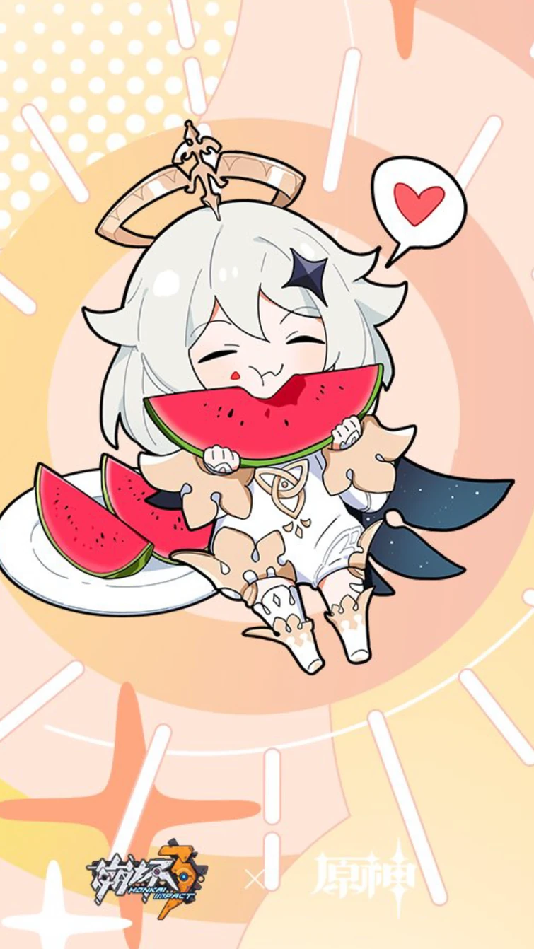Enjoy this cute picture of paimon eating watermelon. Honkai impact ...