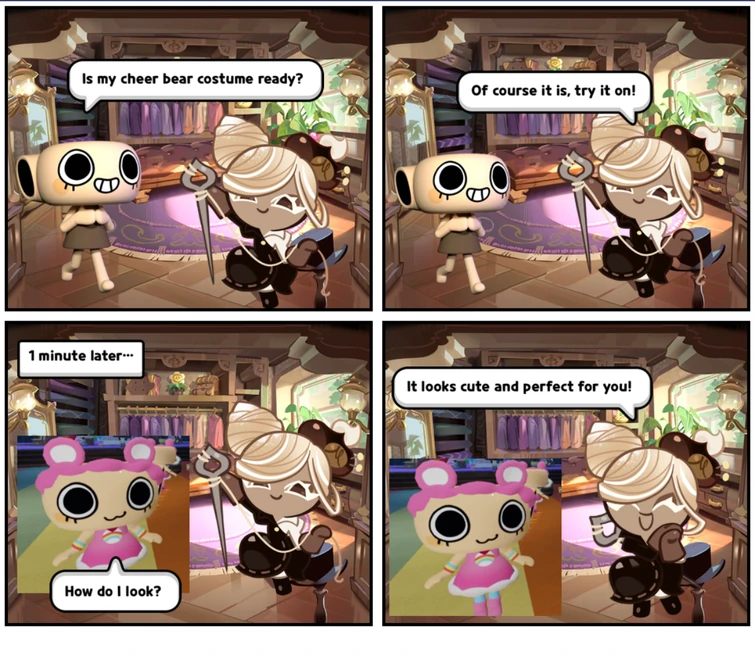 How Shelly gets her cheer bear costume from Mont Blanc cookie’s ...