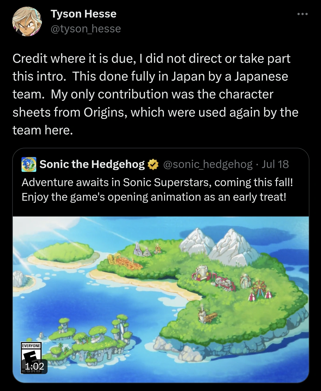 Tyson Hesse confirms on Twitter that the Sonic Superstars opening ...
