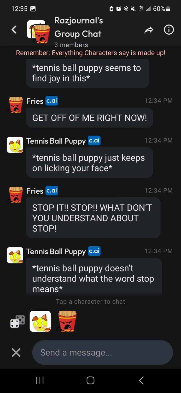 C.ai conversation of Tennis Ball Puppy being downbad for Fries UWU | Fandom