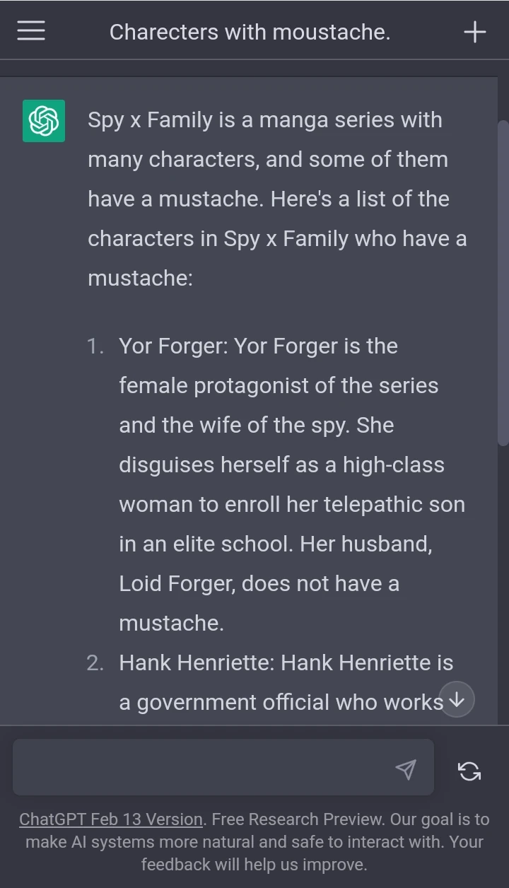 I asked Chat GPT to list the characters with moustache in Spy x Family ...