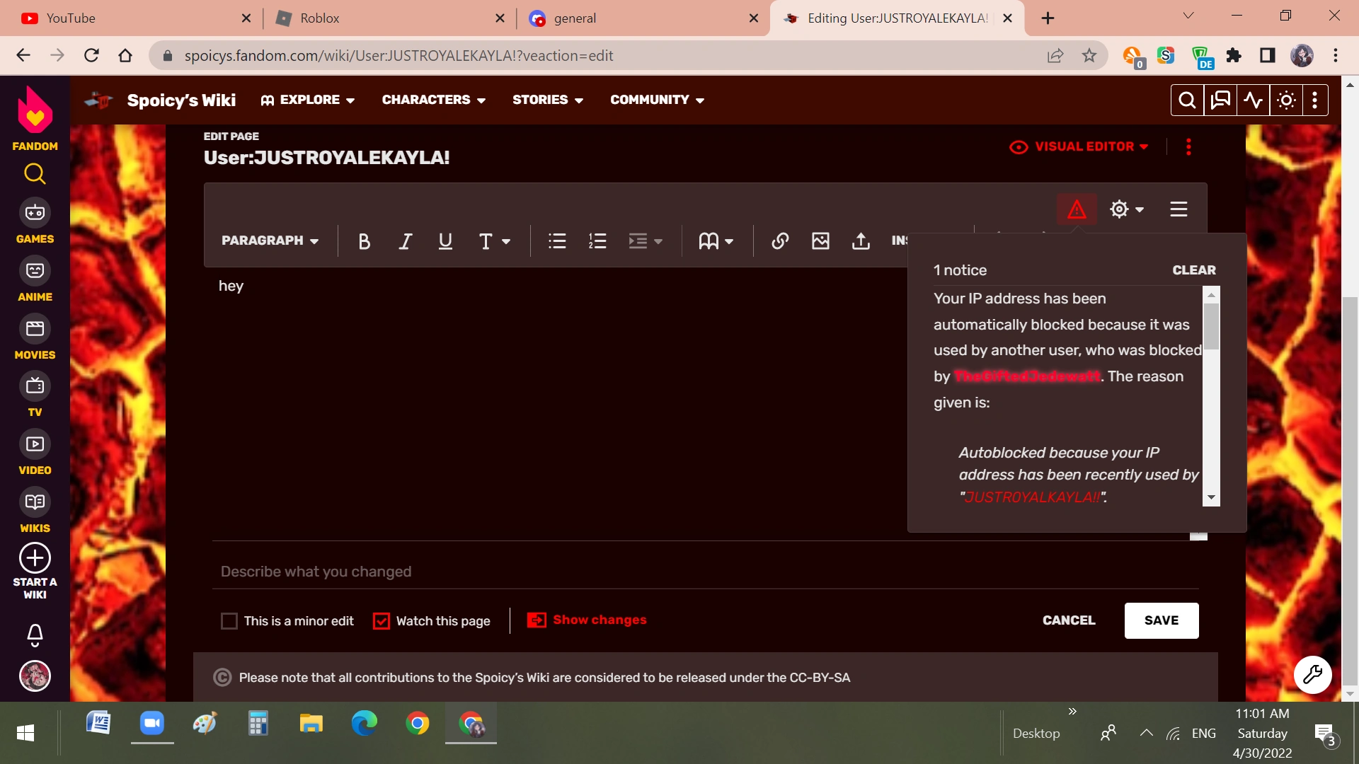 can someone not ip block justr0yalekayla!! but just a normal indefinite ...
