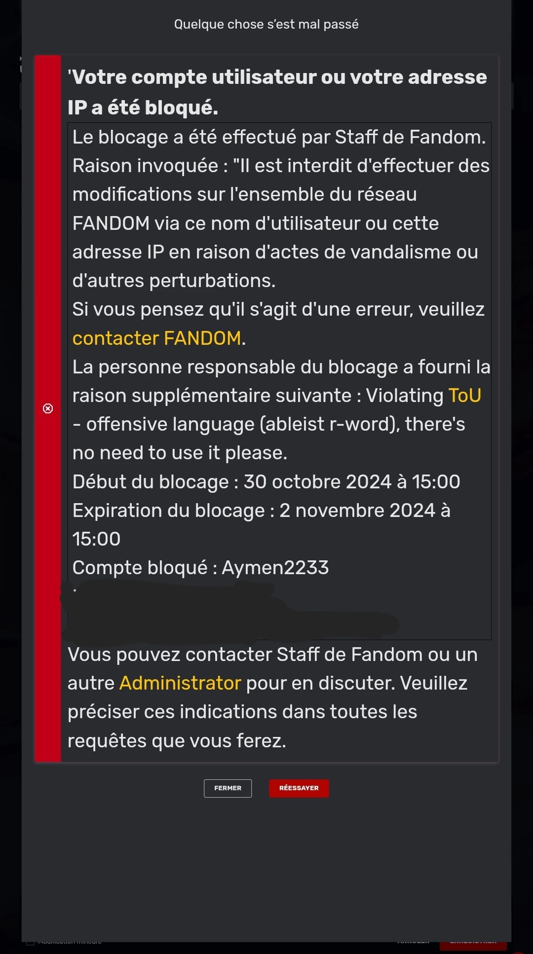 I was blocked temporarily but the blocking category is complete unfortunately | Fandom