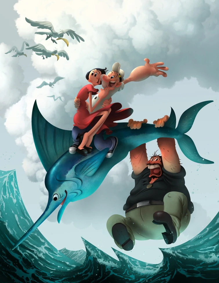 Popeye, Olive Oyl and Bluto on a swordfish! | Fandom