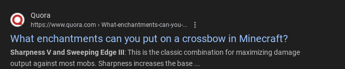 Ah yes, I love using my Sharpness 5, Sweeping Edge 3 Crossbow | Fandom