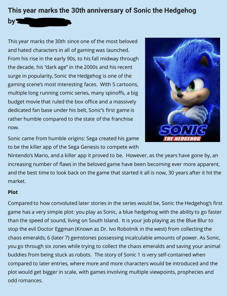 I wrote an article about Sonic 1 for my school's newspaper, and they ...