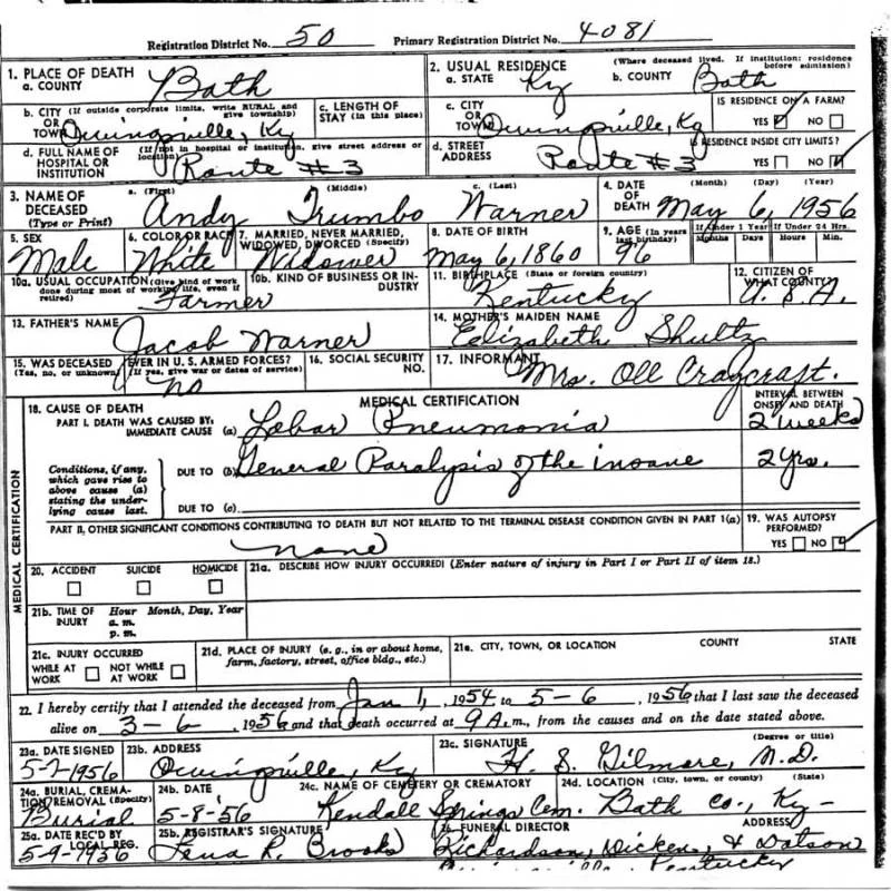 Andrew Trumbo Warner/Death Certificate | Barnett - Spencer - Cline ...