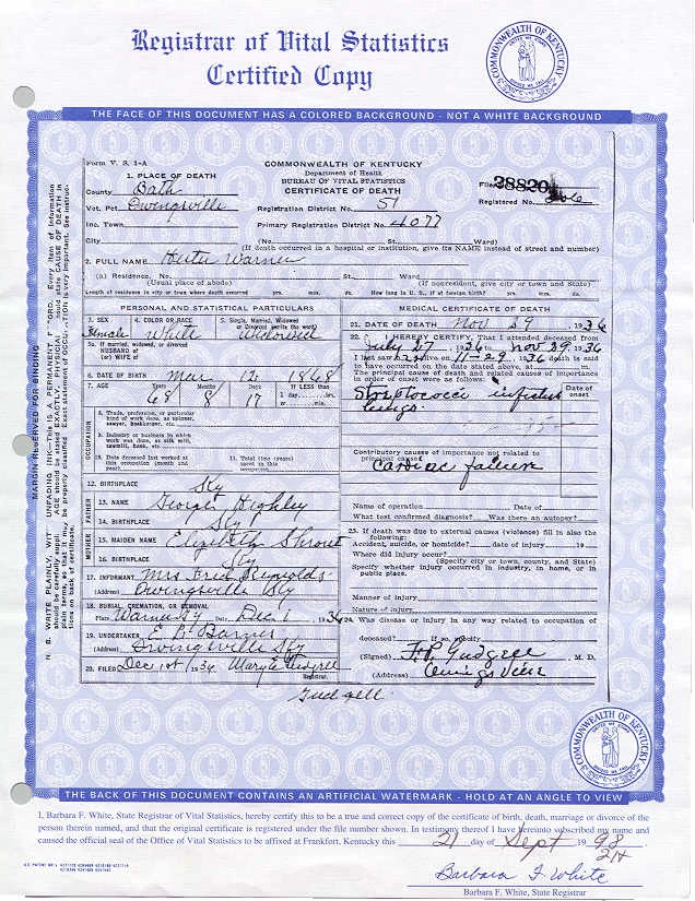 Hester Jane Highley/Death Certificate | Barnett - Spencer - Cline ...