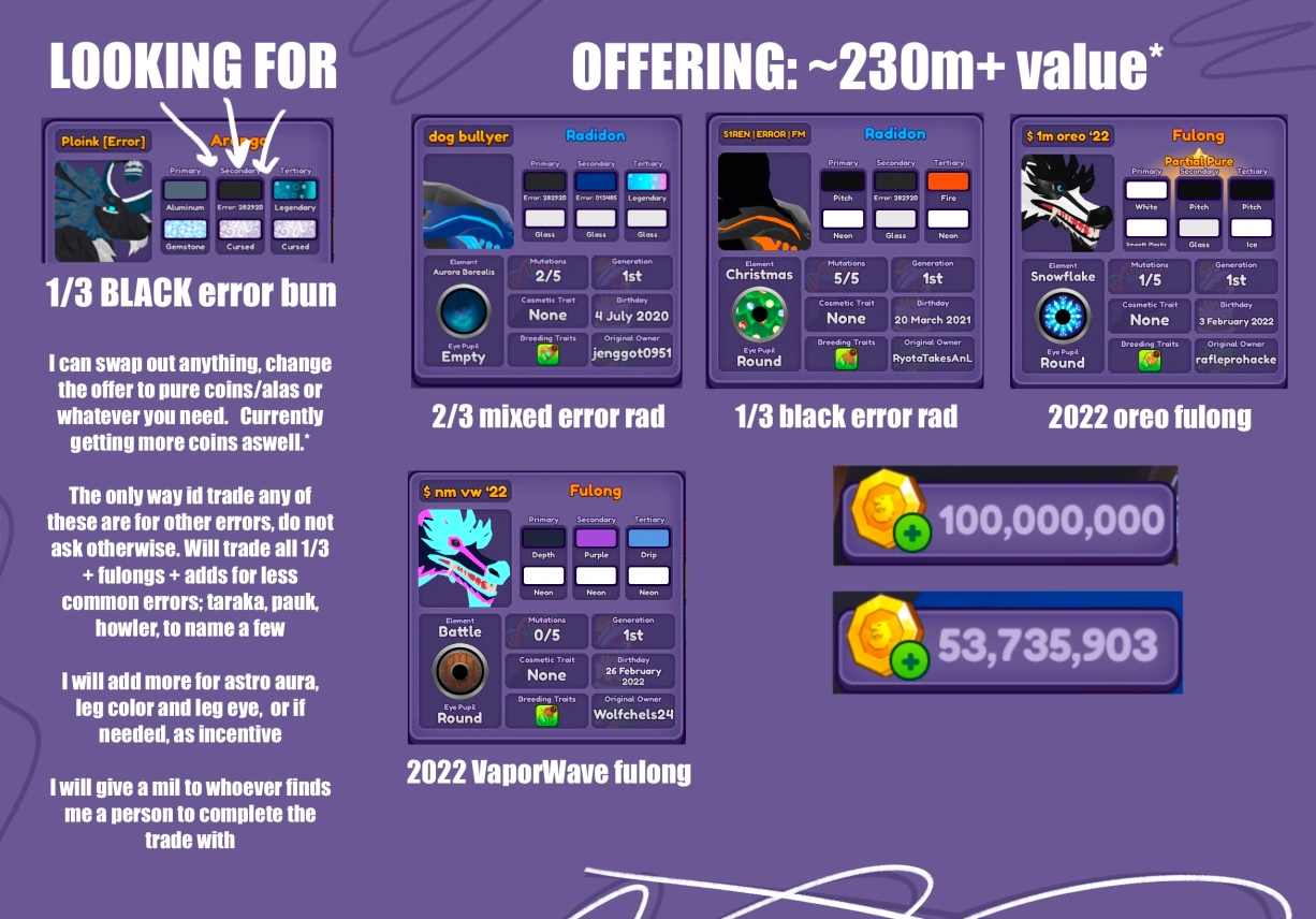 LF ERROR COLOR BUN/OTHERS (1 mil reward to whoever helps me find one for this offer) 230m+ offer ...