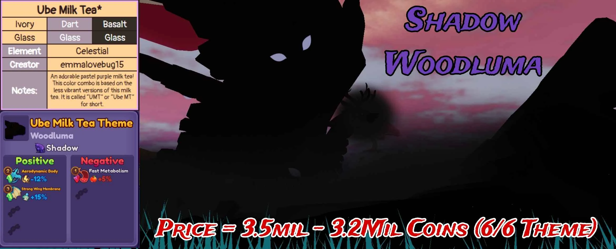 SELLING/TRADING -- 1 Mut 6/6 Ube Milk Tea Theme "SHADOW" WOODLUMA | Fandom