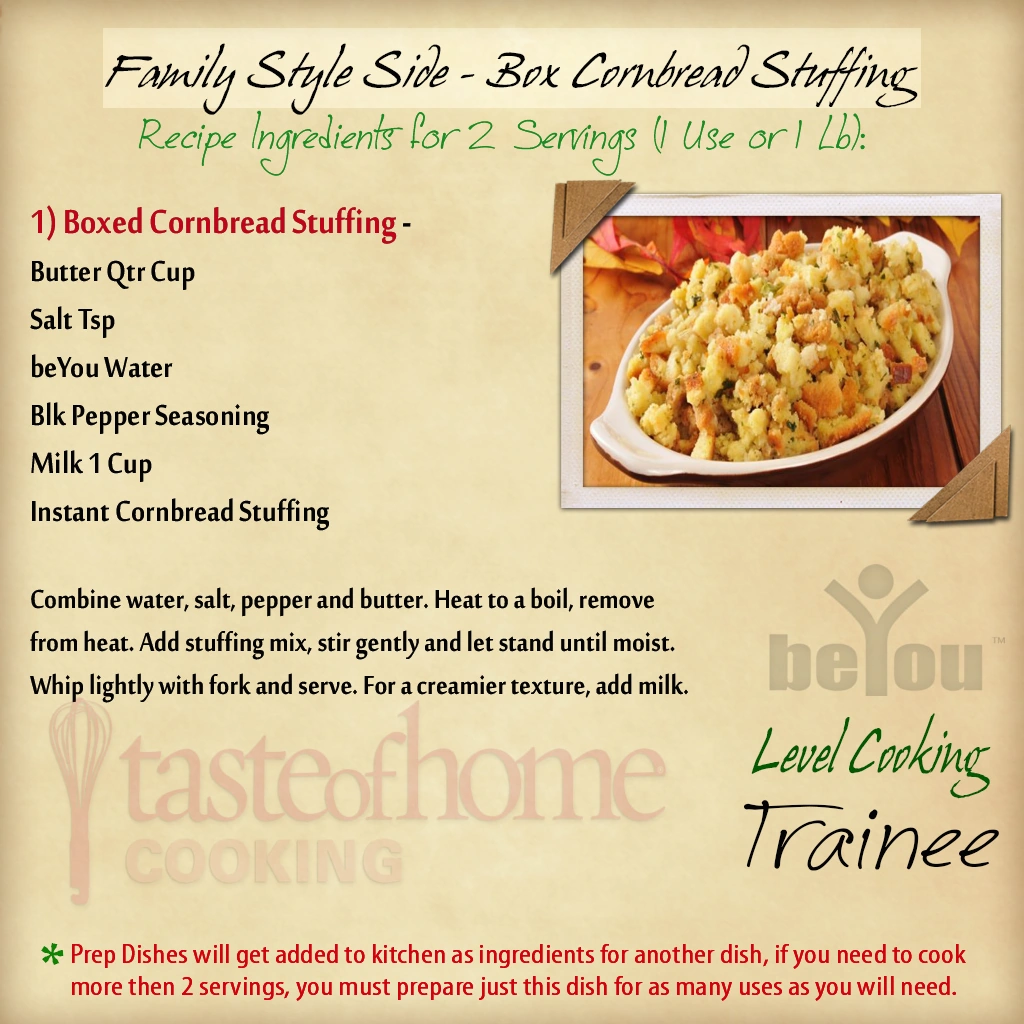 Recipe -- FS Side Boxed Corn Bread Stuffing | BeYou World Wiki | Fandom