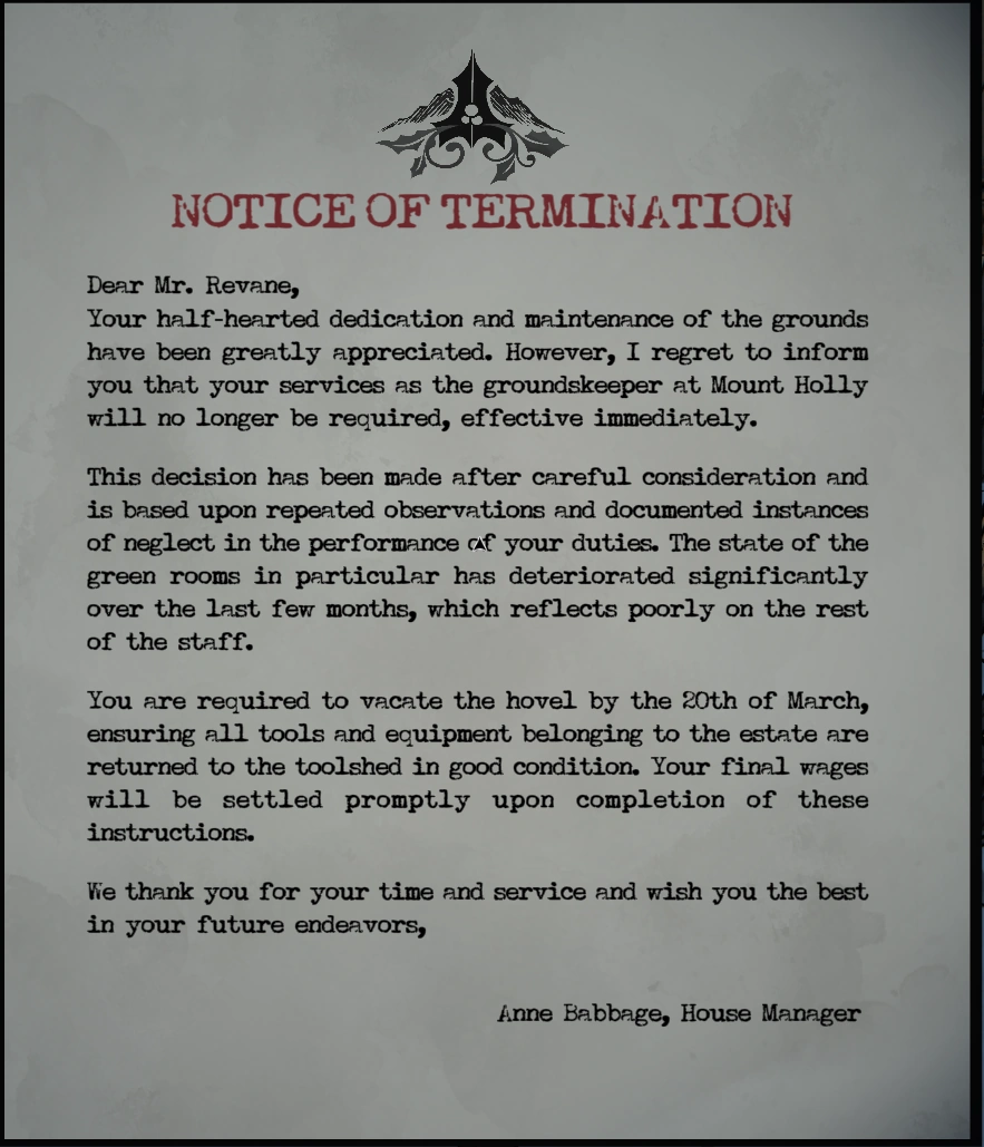 Notice of Termination | Blue Prince Wiki | Fandom