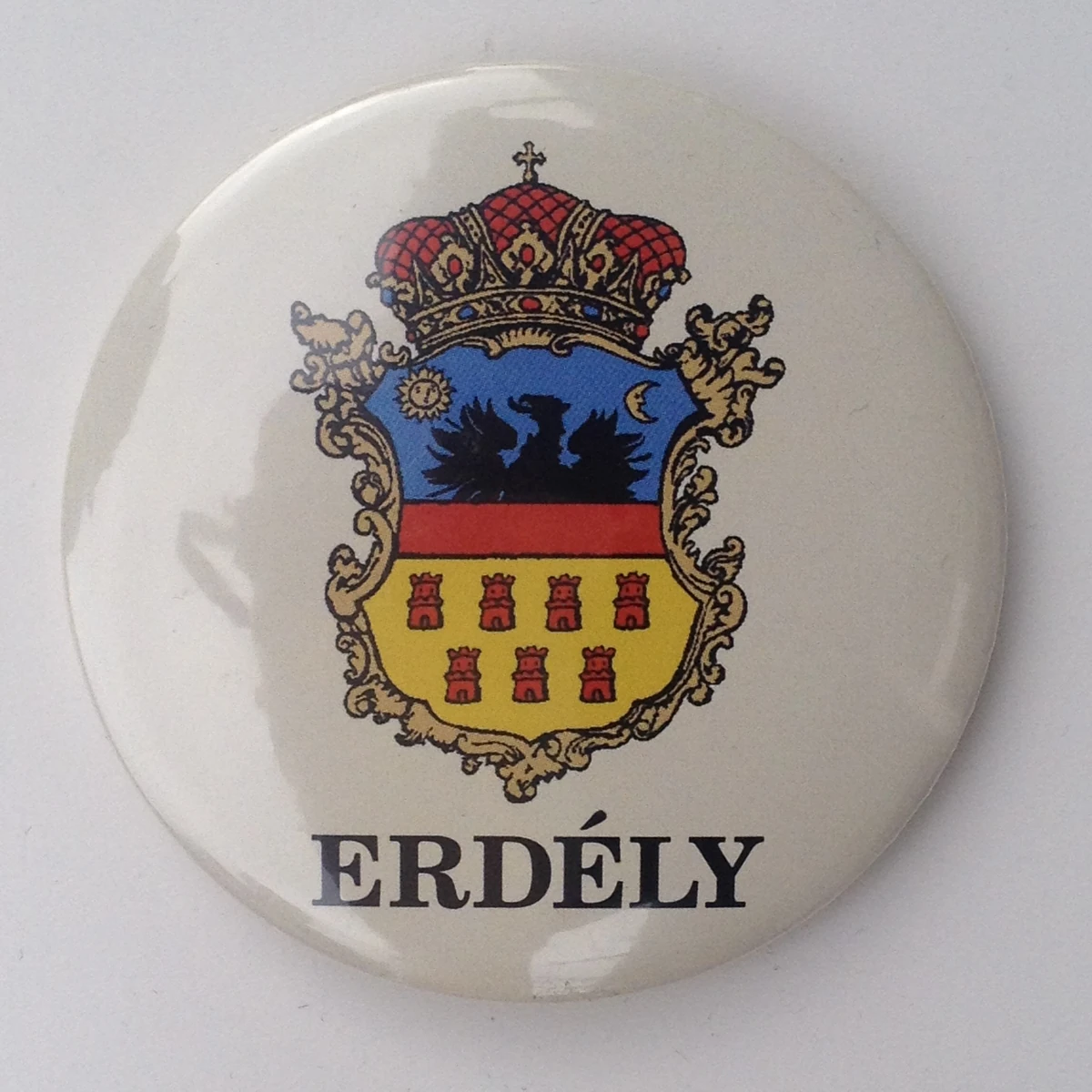 Erdély round plastic souvenir bottle opener with coat of arms of ...