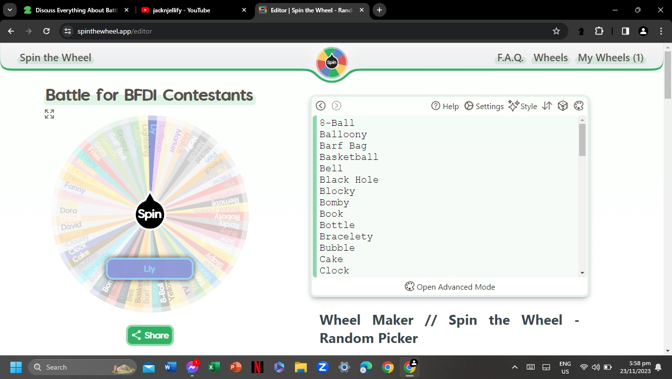 BFDI wheel but if it lands on a contestant they are out | Fandom