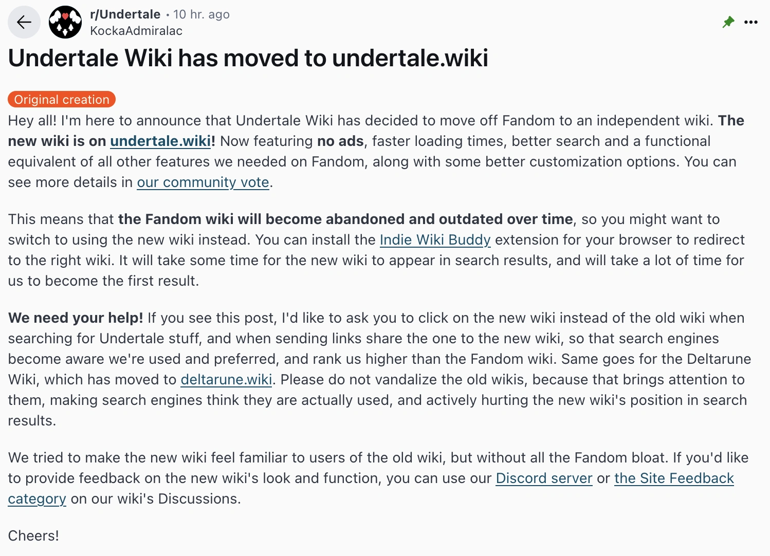 The Undertale wiki has officially left Fandom and moved to its own site ...