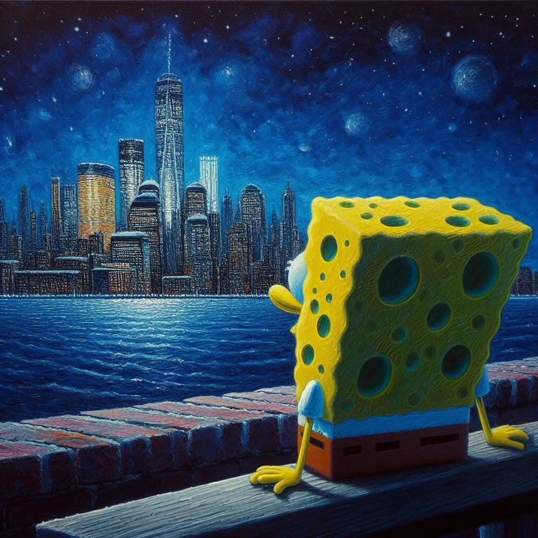 Some AI Art of SpongeBob Looking at the City Skyline at Night | Fandom