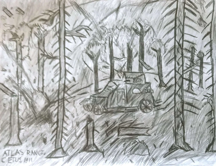 Photograph of a Cetan Armored Car in a Burning Forest, Atlas Range ...