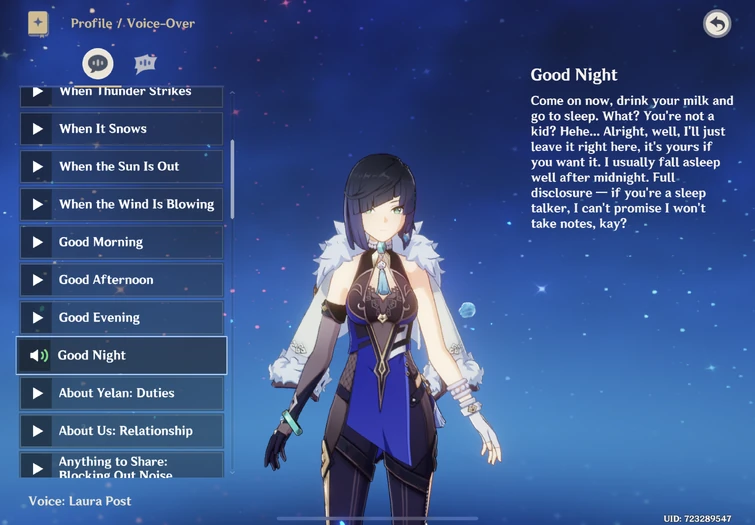 is it just me or does yelan’s good night voice line.. weird me out | Fandom