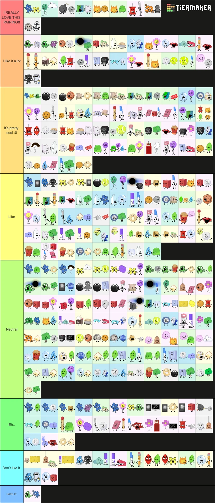 So I ranked a BUNCH of BFDI ships. Again. Click for full | Fandom