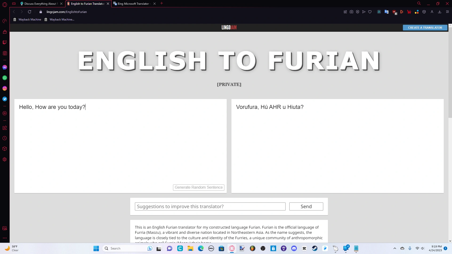 Furian is now a fully constructed language, not just like all languages ...