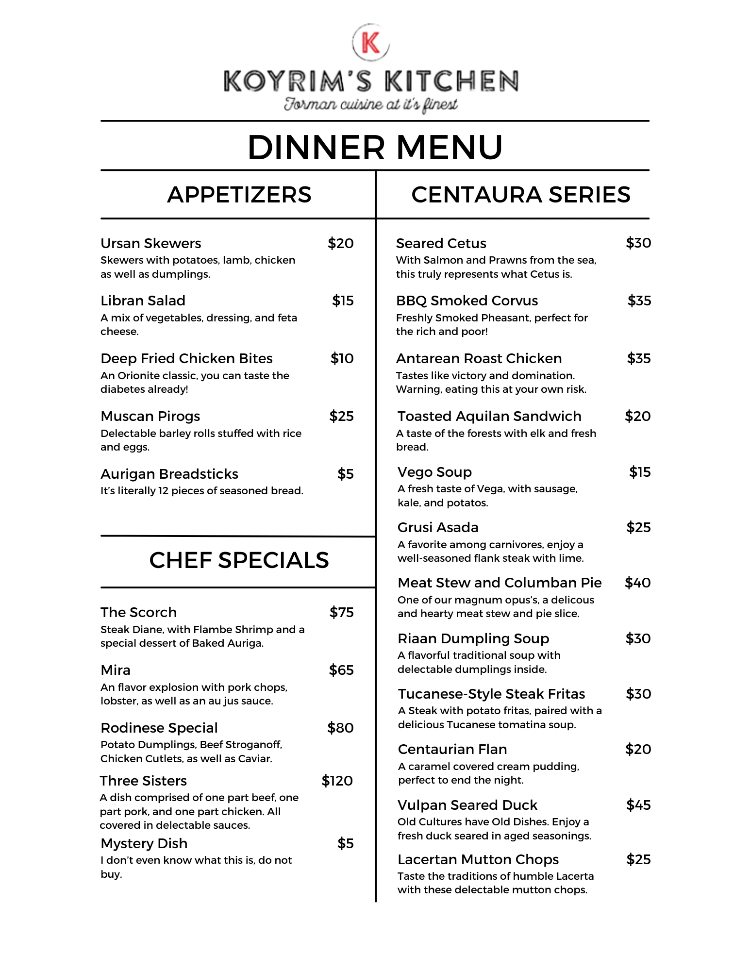 The Official Menu of Koyrim's Kitchen. | Fandom