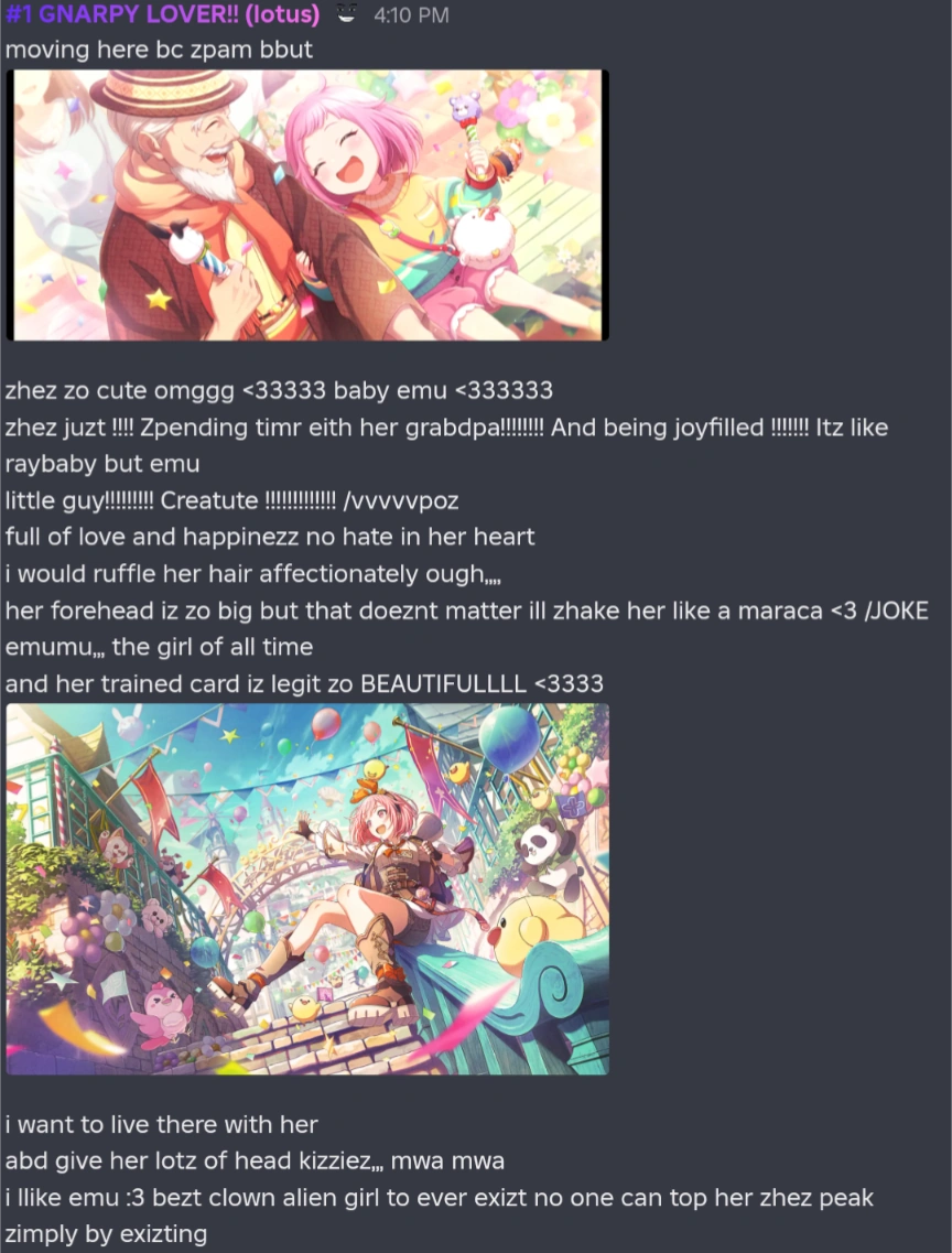 I wanna ramble about how much I love Emu zo herez a zcreenzhot of me doing zo in my friendz' gc ...