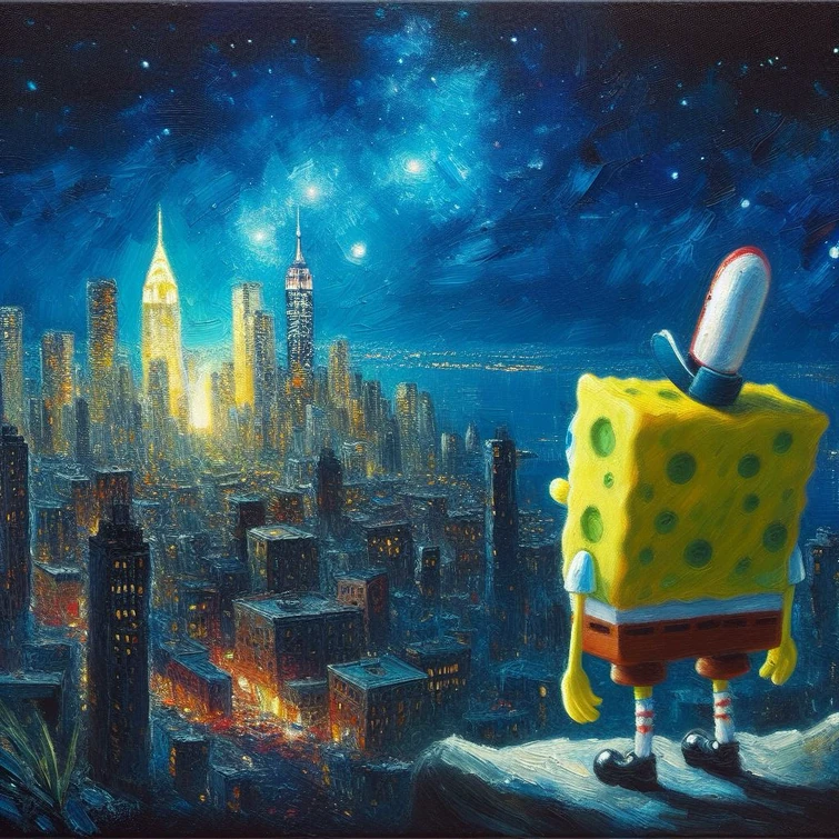 Some AI Art of SpongeBob Looking at the City Skyline at Night | Fandom