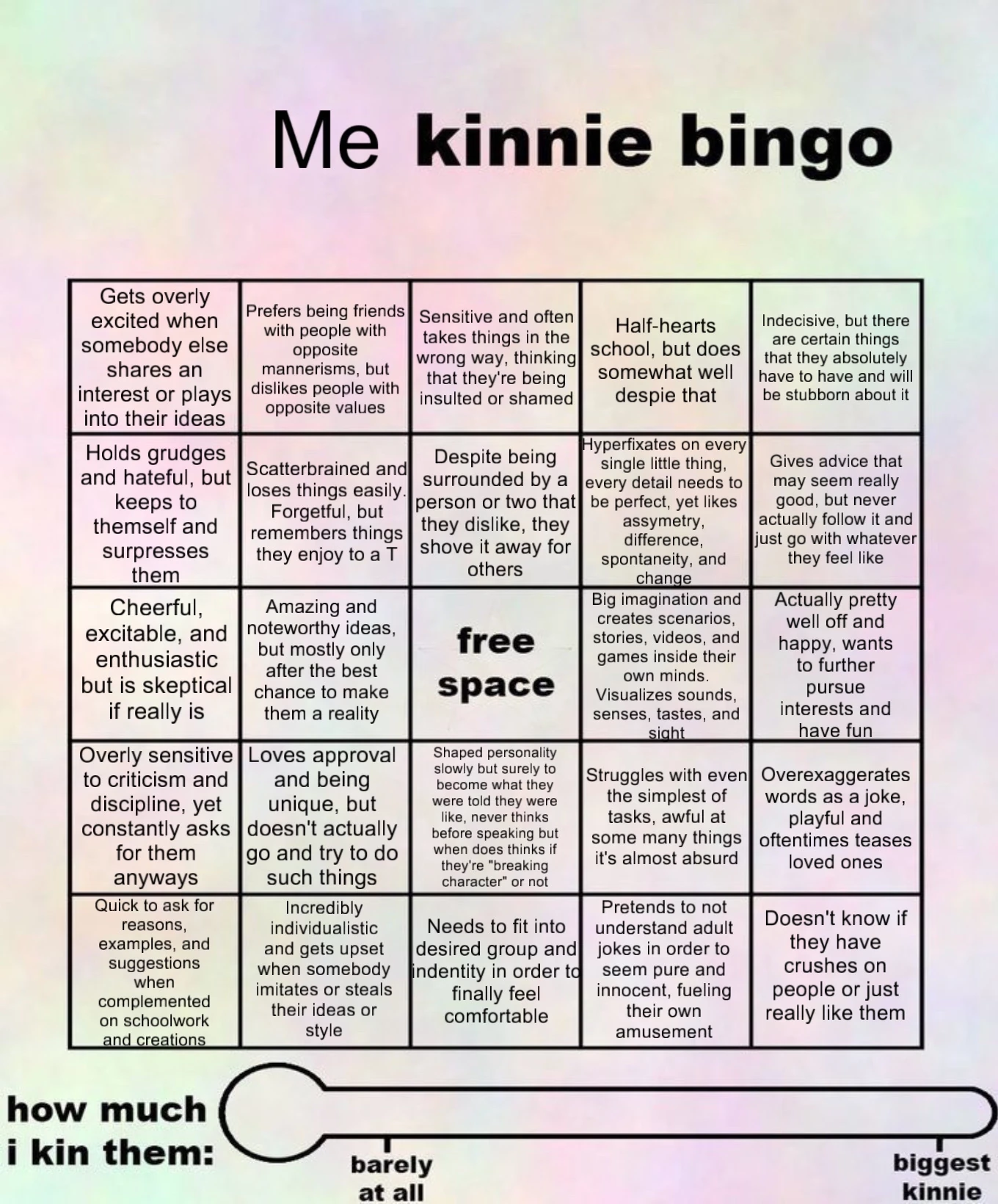 stopped being an edgy mf so heres an actually reasonable kin bingo of ...