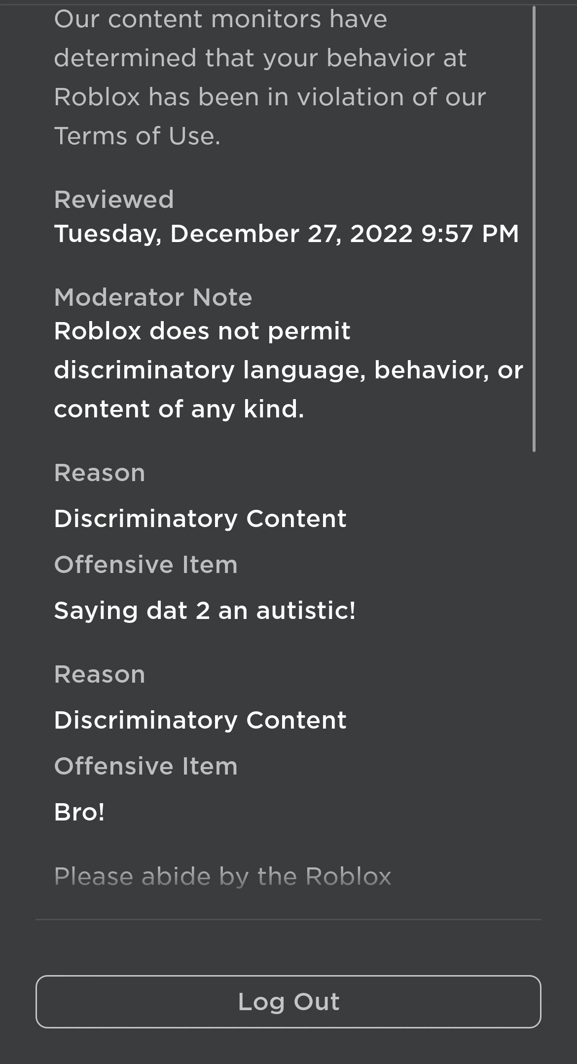 Count to 100 before someone posts a picture of a horrendous Roblox ban ...