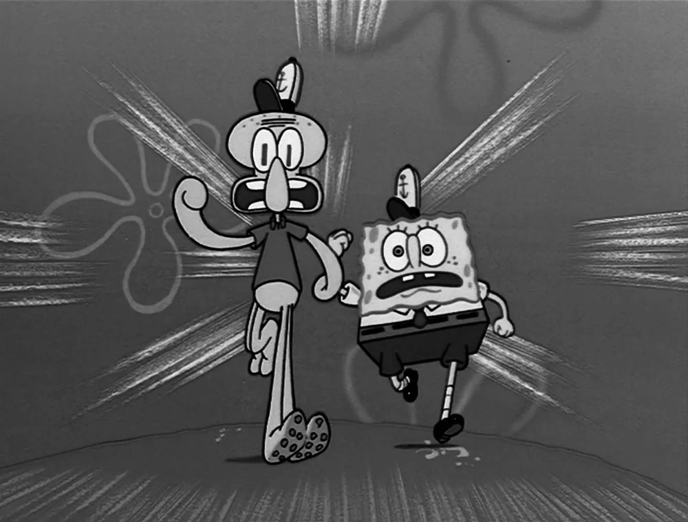 Squidward and SpongeBob running in black and white style | Fandom