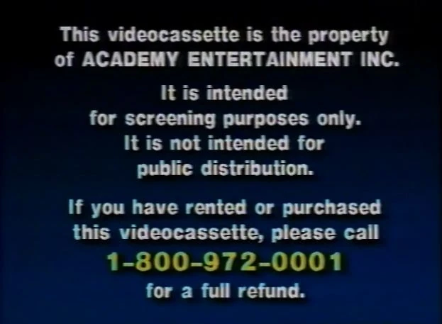 Academy Entertainment Screener Tape Warning Screen | Company Bumpers ...