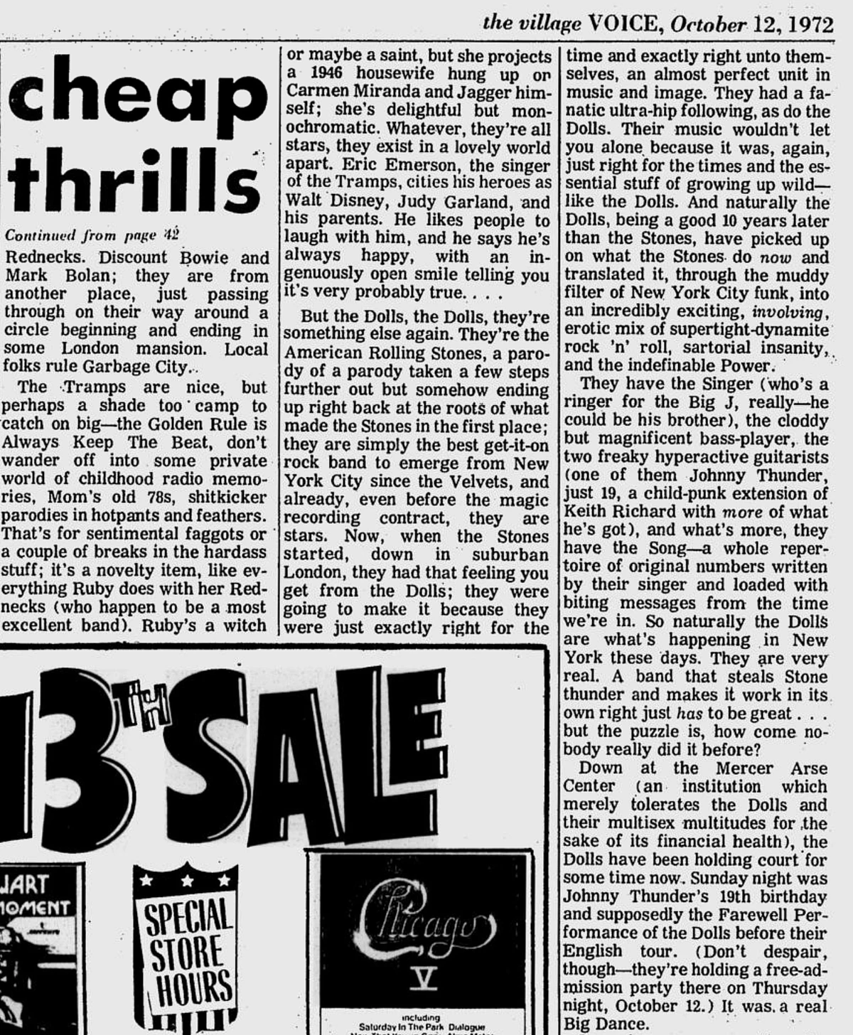 October 12, 1972 Mercer Arts Center Sean O'Casey Theatre, New York City ...