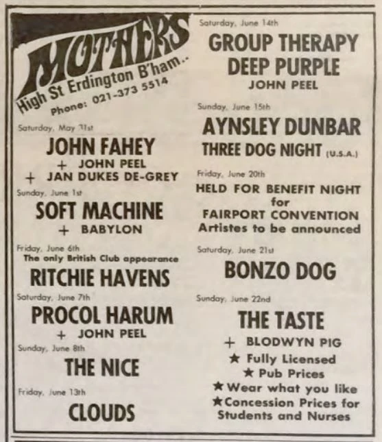 June 7, 1969 Mothers, Birmingham, ENG | Concerts Wiki | Fandom