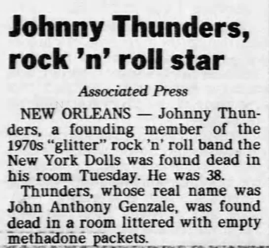 April 23, 1991 Johnny Thunders dies | Concerts Wiki | Fandom