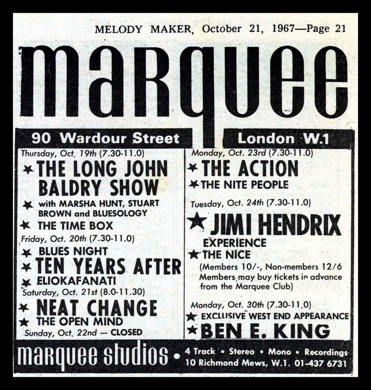 October 20, 1967 Marquee, London, ENG | Concerts Wiki | Fandom